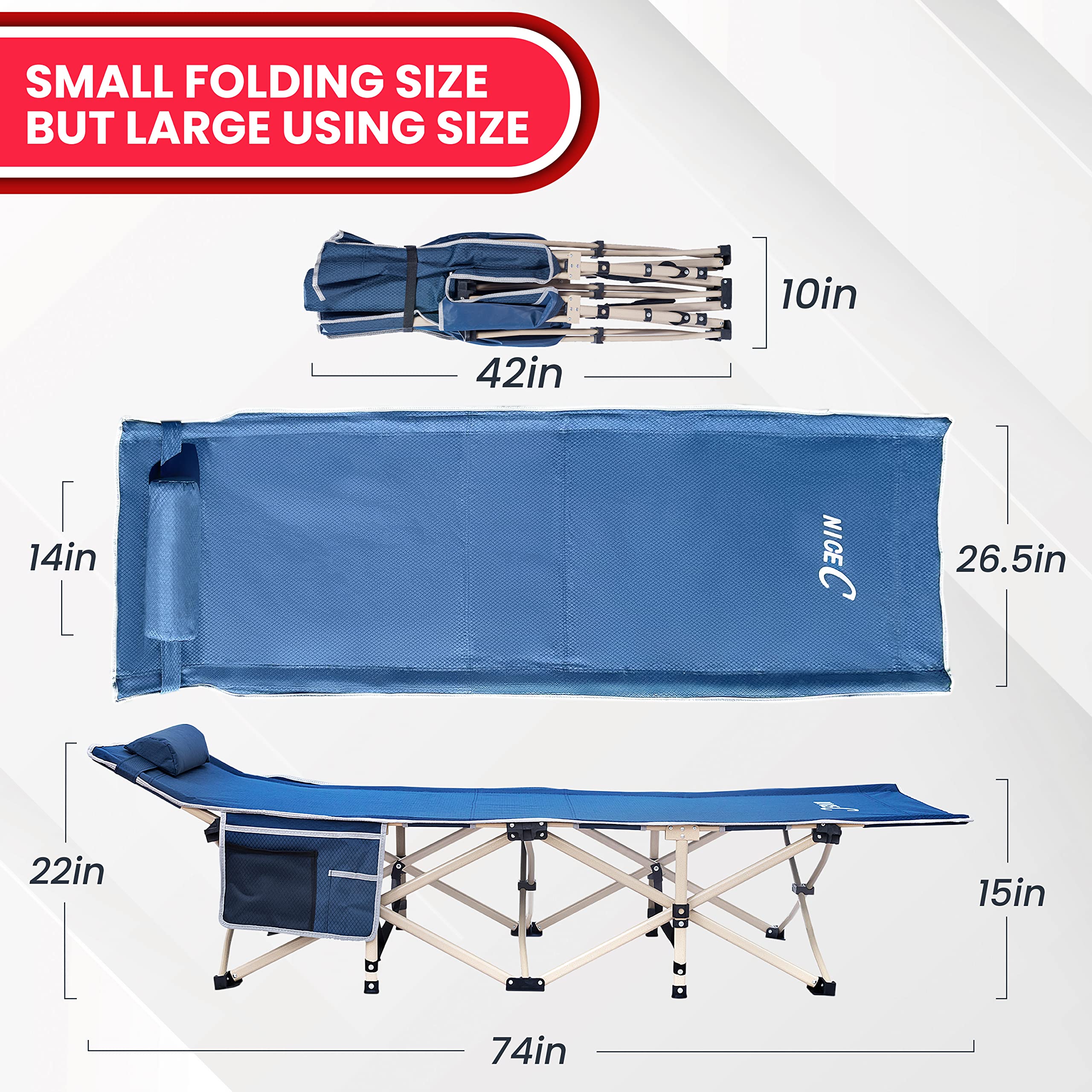 Nice C Camping Cots, Camping Cots with Mattress, for Adults, Folding Cot, with Pillow, Carry Bag & Storage Pocket, Extra Wide Sturdy, Holds Up to 500 Lbs (1, Grey)