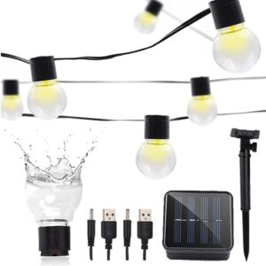 dual powered - solar + usb plug in - solar powered string lights with hanging sockets, 20 big edison bulbs weatherproof solar decoration lights for patios, parties (dual powered, warmwhite-1pcs)