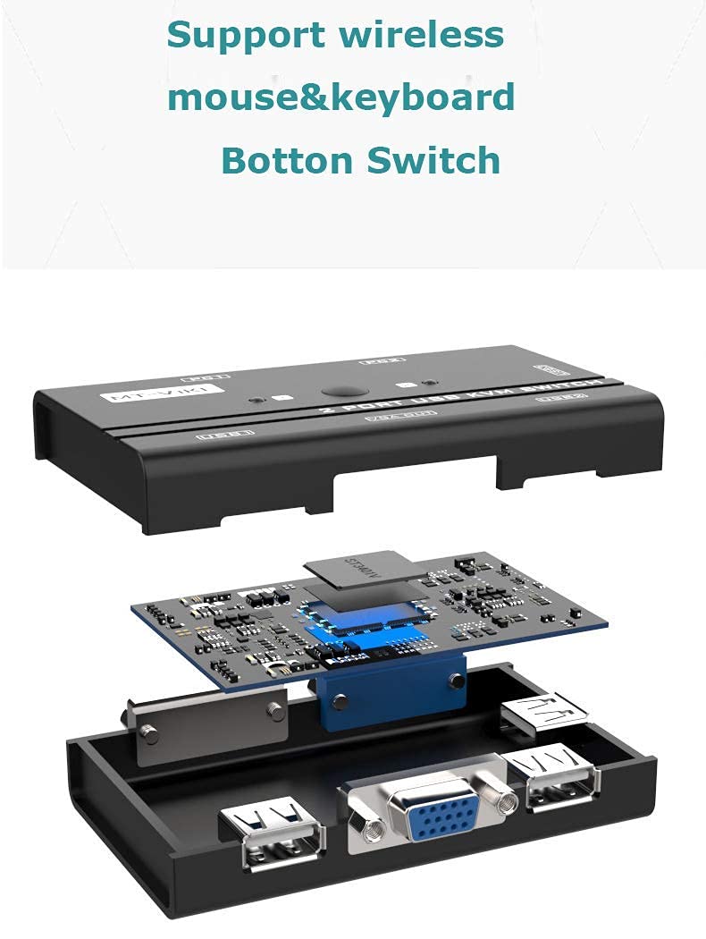 MT-VIKI VGA KVM Switch, 2 Port USB VGA KVM Switch for 2 Computers Share 1 Monitor Keyboard Mouse Printer, 2 KVM Cables