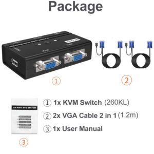 MT-VIKI VGA KVM Switch, 2 Port USB VGA KVM Switch for 2 Computers Share 1 Monitor Keyboard Mouse Printer, 2 KVM Cables