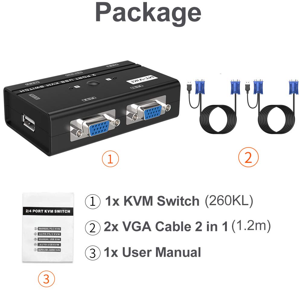 MT-VIKI VGA KVM Switch, 2 Port USB VGA KVM Switch for 2 Computers Share 1 Monitor Keyboard Mouse Printer, 2 KVM Cables