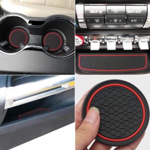 Auovo Anti Dust Mats for Ford Mustang 2023 2022 2021 2020 2019 2018 2017 2016 2015 Custom Fit Cup Holder Insert Liner Coaster Door Pads Interior Accessories (5 pcs/Set) (Red Trim)