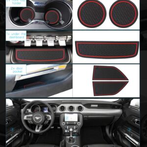 Auovo Anti Dust Mats for Ford Mustang 2023 2022 2021 2020 2019 2018 2017 2016 2015 Custom Fit Cup Holder Insert Liner Coaster Door Pads Interior Accessories (5 pcs/Set) (Red Trim)