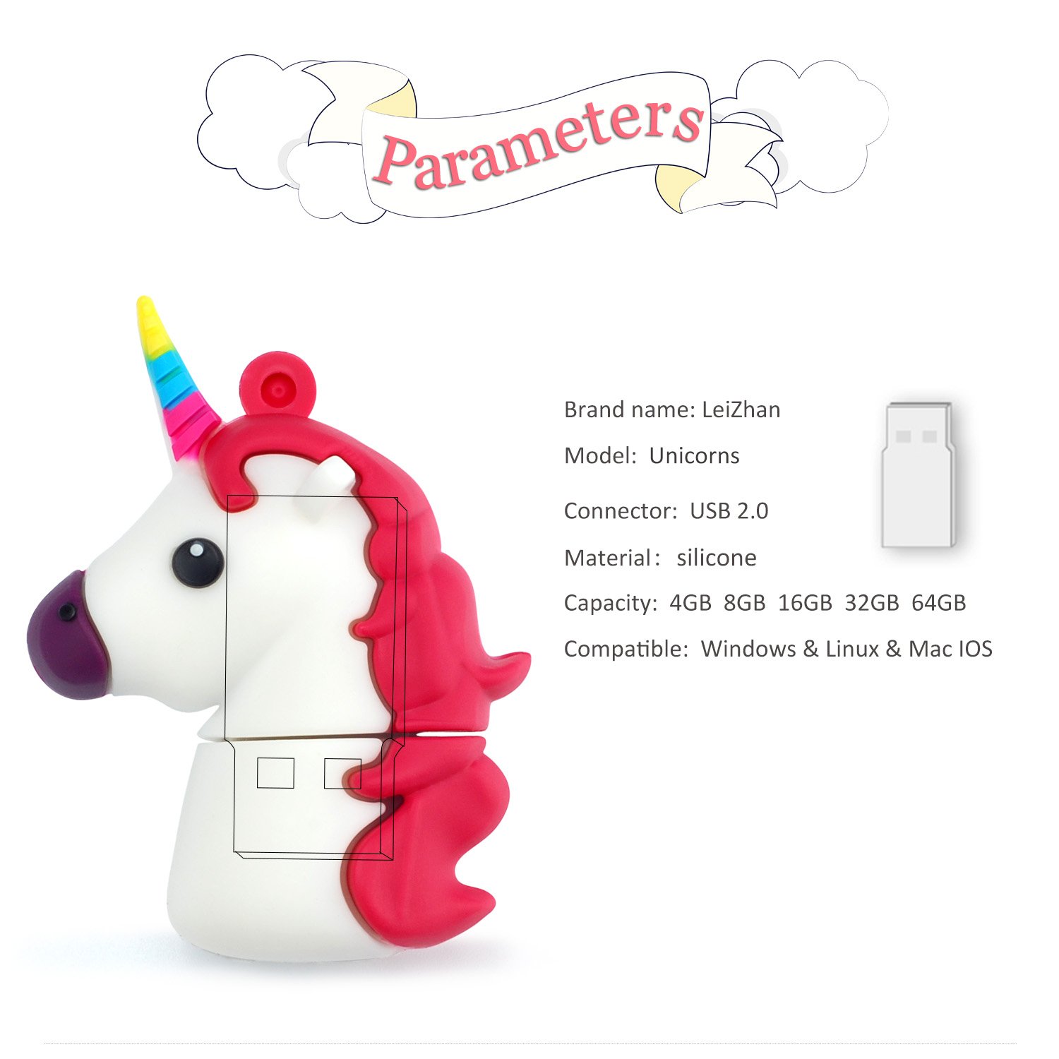 32GB Unicorn USB Flash Drive Pack of 4 Pendrives Kids Pen Drive Student Storage Zip Drive