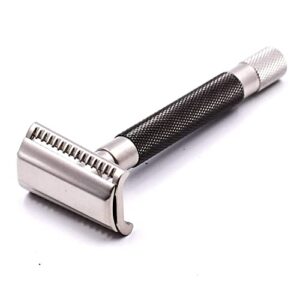 parker the semi slant, double edge safety razor and 5 parker blade refills - electroplated graphite gray solid brass handle - delivers a barbershop shave at home