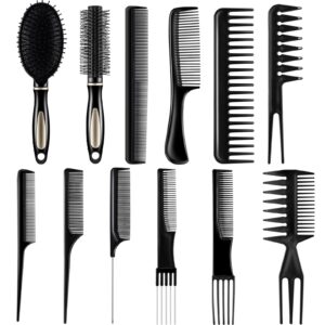 12 pieces hair brush comb set paddle hair brush detangling brush, including 1 airbag massage comb,1 roller brush and 10 hair styling comb for wet, dry, curly and straight hair (black)