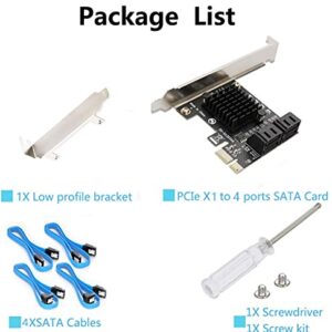 SATA Card, PCIE 3.0, 4 Port with 4 SATA Cable, SATA Controller Expansion Card with Low Profile Bracket, Non-Raid, Boot as System Disk, Support 4 SATA 3.0 Devices