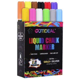 gotideal liquid chalk markers, 12 colors premium window chalkboard neon pens, including 2 metallic colors, painting and drawing for kids and adults, bistro & restaurant, wet erase - reversible tip