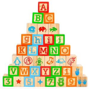 oaktown supply wooden blocks, 36 large stacking and building blocks for toddlers 1-3 years old, colorful alphabet & number icons on every side, educational toddler toys