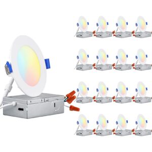 torchstar 16-pack ultra-thin led recessed lighting 4 inch 5cct with junction box, aluminum, 2700k-5000k selectable, 10w dimmable slim led downlight, 700lm high brightness, etl & energy star