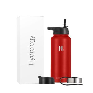 h2 hydrology water bottle - 18 oz, 22 oz, 32 oz, 40 oz, or 64 oz with 3 lids double wall vacuum insulated stainless steel wide mouth sports hot & cold thermos (32 oz, red)