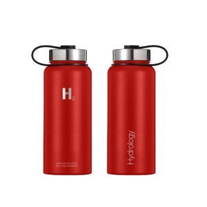 H2 Hydrology Water Bottle - 18 oz, 22 oz, 32 oz, 40 oz, or 64 oz with 3 LIDS Double Wall Vacuum Insulated Stainless Steel Wide Mouth Sports Hot & Cold Thermos (32 oz, Red)