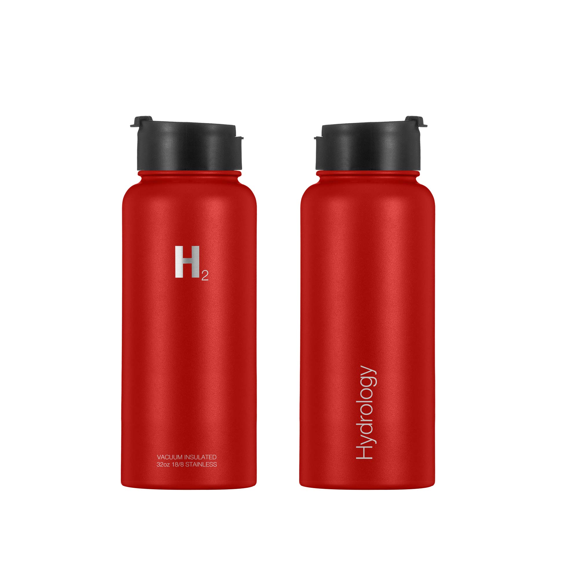 H2 Hydrology Water Bottle - 18 oz, 22 oz, 32 oz, 40 oz, or 64 oz with 3 LIDS Double Wall Vacuum Insulated Stainless Steel Wide Mouth Sports Hot & Cold Thermos (32 oz, Red)