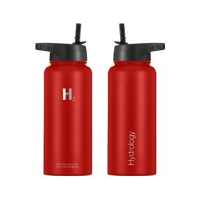 H2 Hydrology Water Bottle - 18 oz, 22 oz, 32 oz, 40 oz, or 64 oz with 3 LIDS Double Wall Vacuum Insulated Stainless Steel Wide Mouth Sports Hot & Cold Thermos (32 oz, Red)