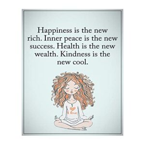 happiness is the new rich - inspirational wall decor, chic girl yoga pose motivational wall art print, ideal for home decor, office decor, bedroom decor, zen decor, or dorm room decor, unframed - 8x10