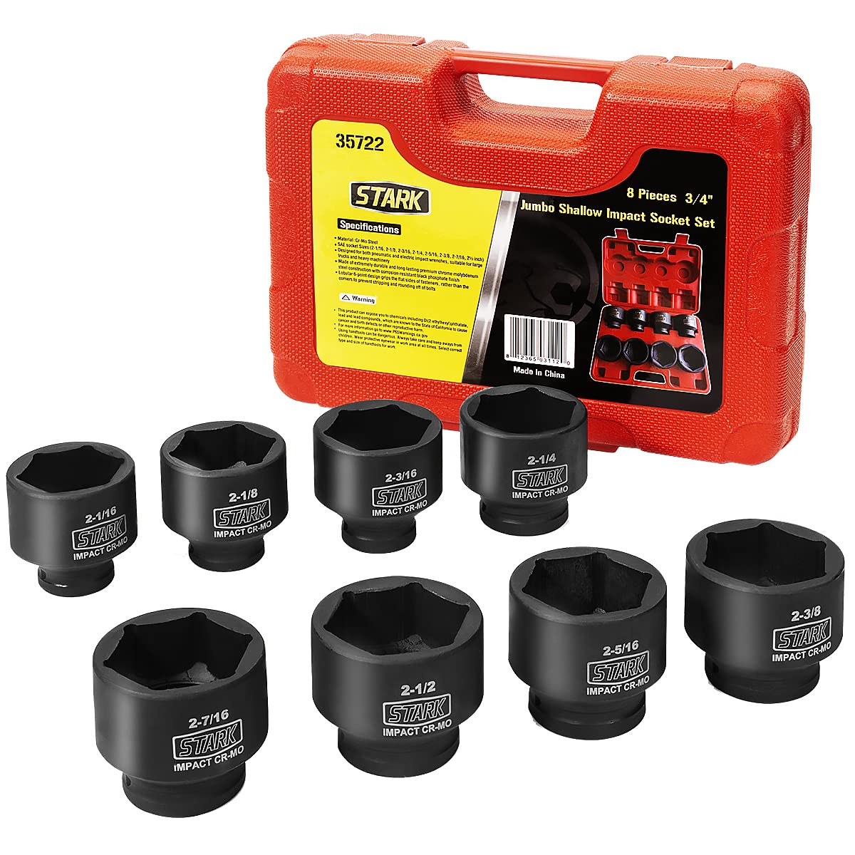 Stark USA Premium 3/4" inch Drive Large Jumbo Shallow Impact Socket Set SAE (2-1/16" - 2-1/2") Cr-Mo Steel 6-Point, 8-Piece Socket Set with Carrying Case