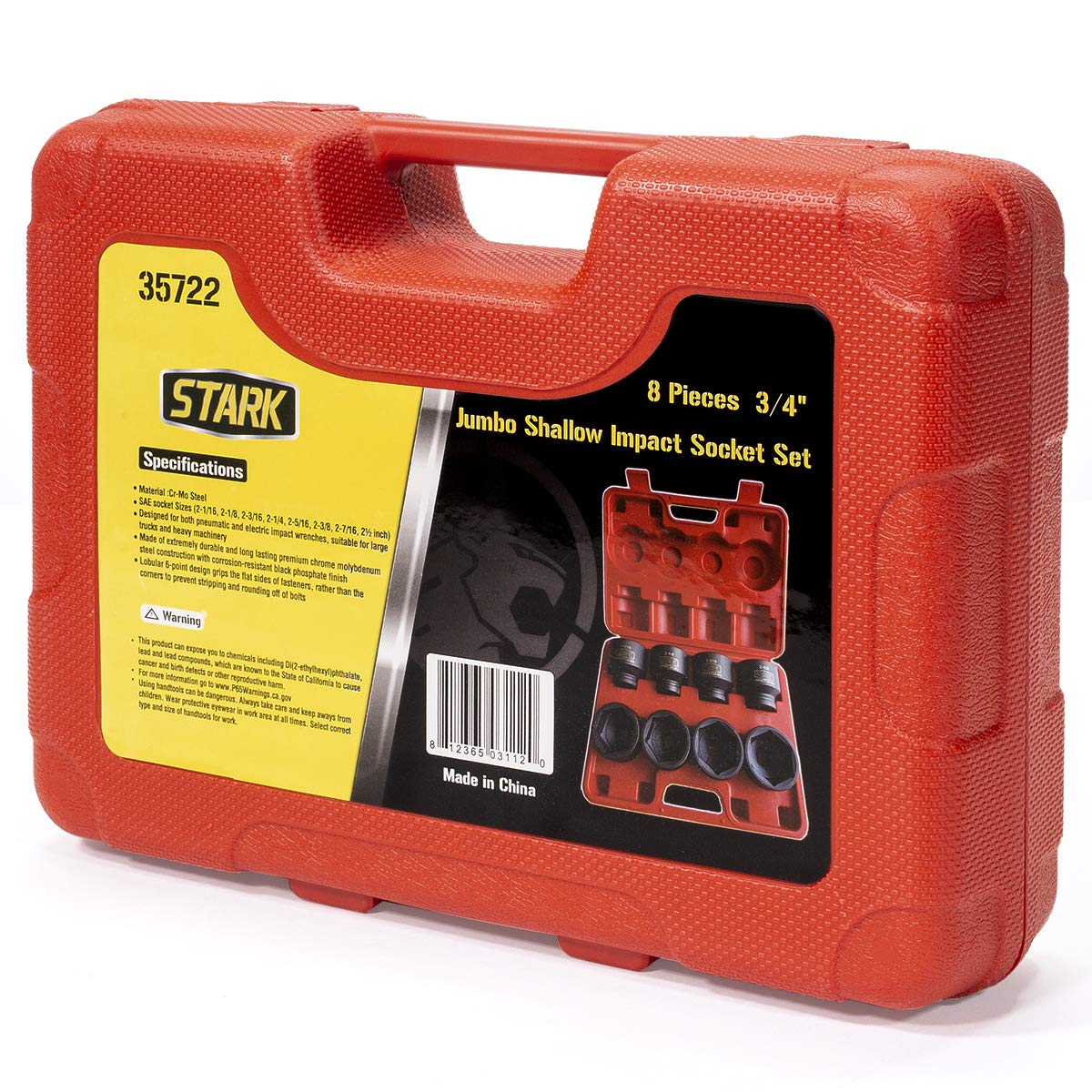 Stark USA Premium 3/4" inch Drive Large Jumbo Shallow Impact Socket Set SAE (2-1/16" - 2-1/2") Cr-Mo Steel 6-Point, 8-Piece Socket Set with Carrying Case