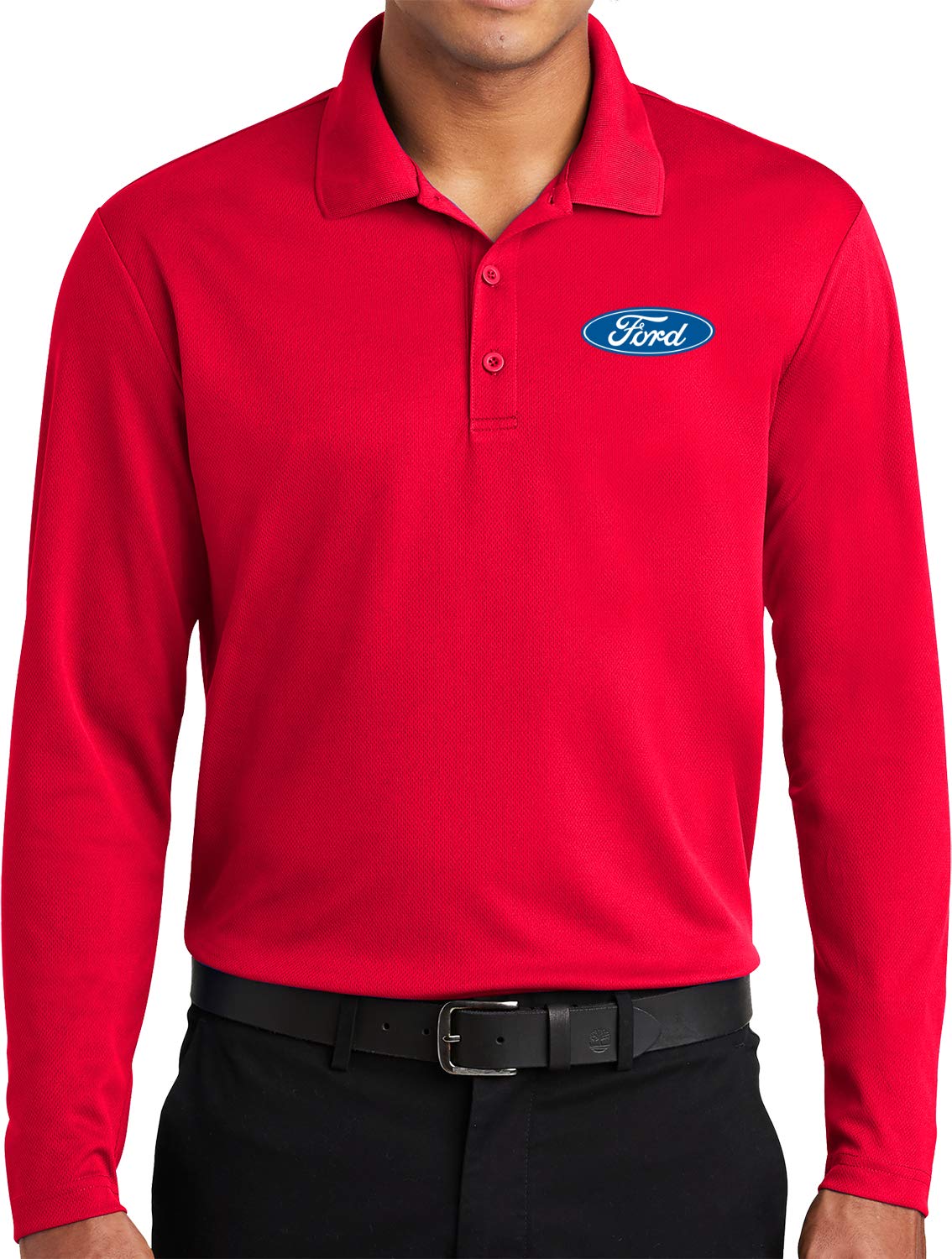 Ford Oval Pocket Print Long Sleeve Polo, Red 2XL