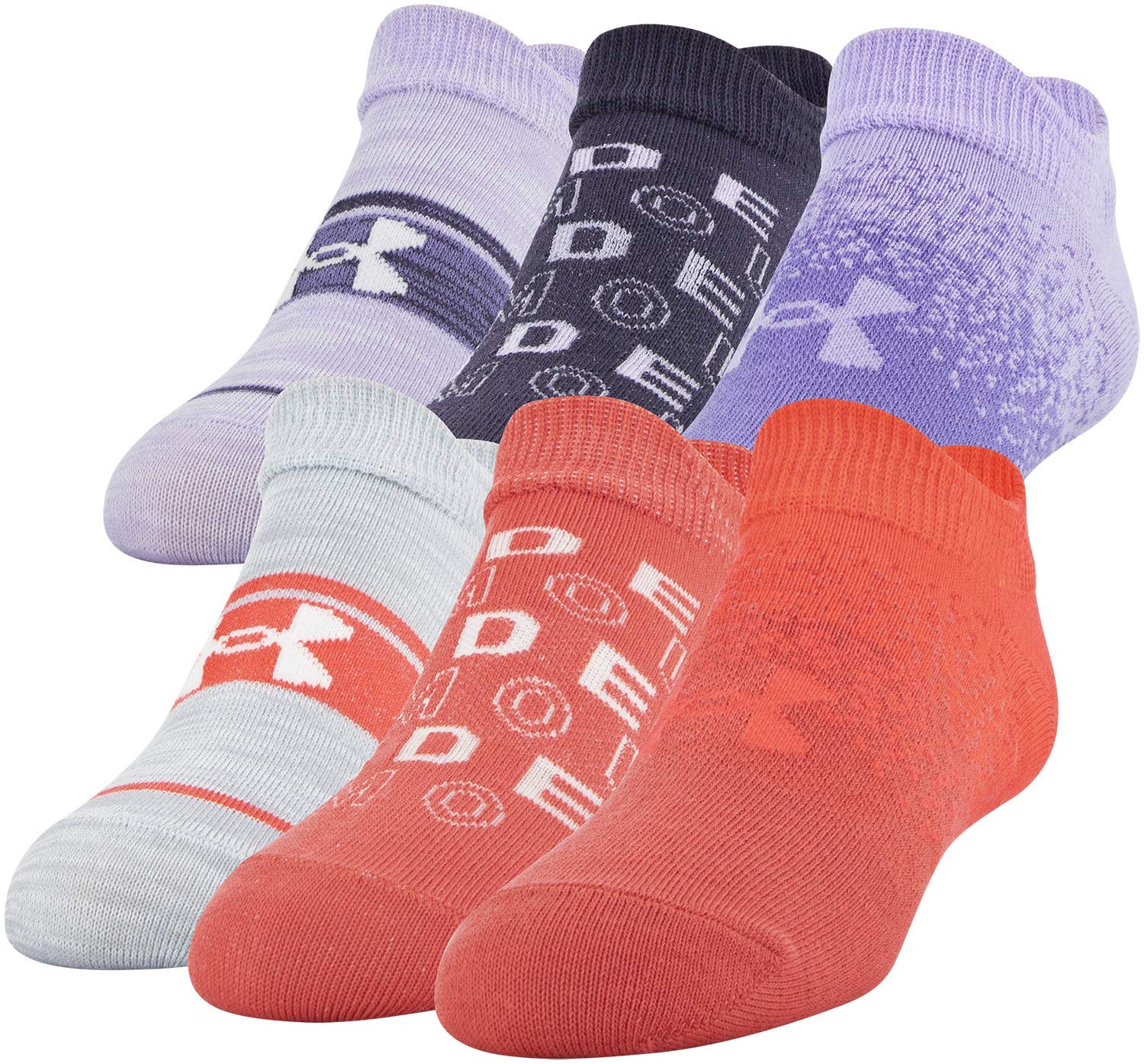 Under Armour Essential No Show Socks, 6-pair, White Daiquiri Red Assorted, Shoe Size: Youth 13.5K-4Y