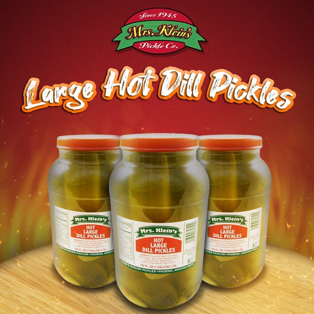 Mrs. Kleins Large Hot Pickles | Bold Spicy Dill Pickle Snack | Spicy Giant Dill Pickles Made with Natural Ingredients | Kosher, Low Carb, Gluten Free & Vegan | Wholesale Hot Pickles 128 fl oz Jar