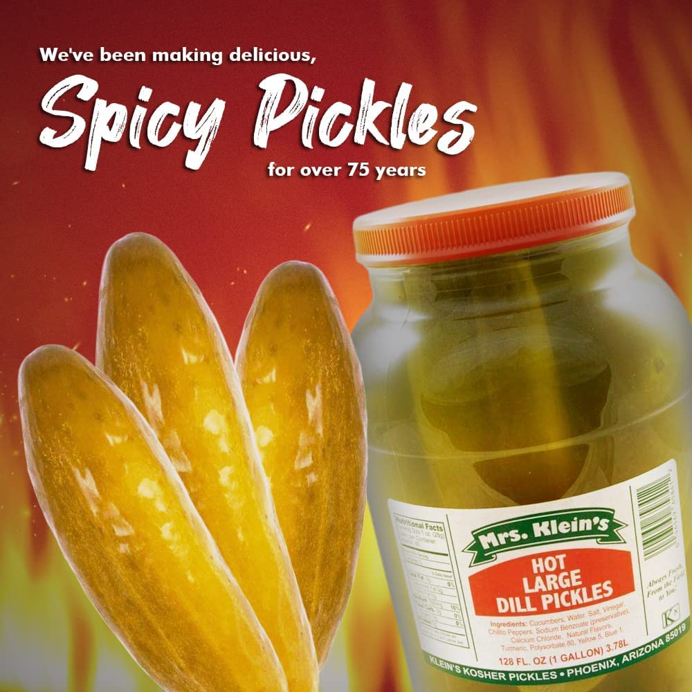 Mrs. Kleins Large Hot Pickles | Bold Spicy Dill Pickle Snack | Spicy Giant Dill Pickles Made with Natural Ingredients | Kosher, Low Carb, Gluten Free & Vegan | Wholesale Hot Pickles 128 fl oz Jar