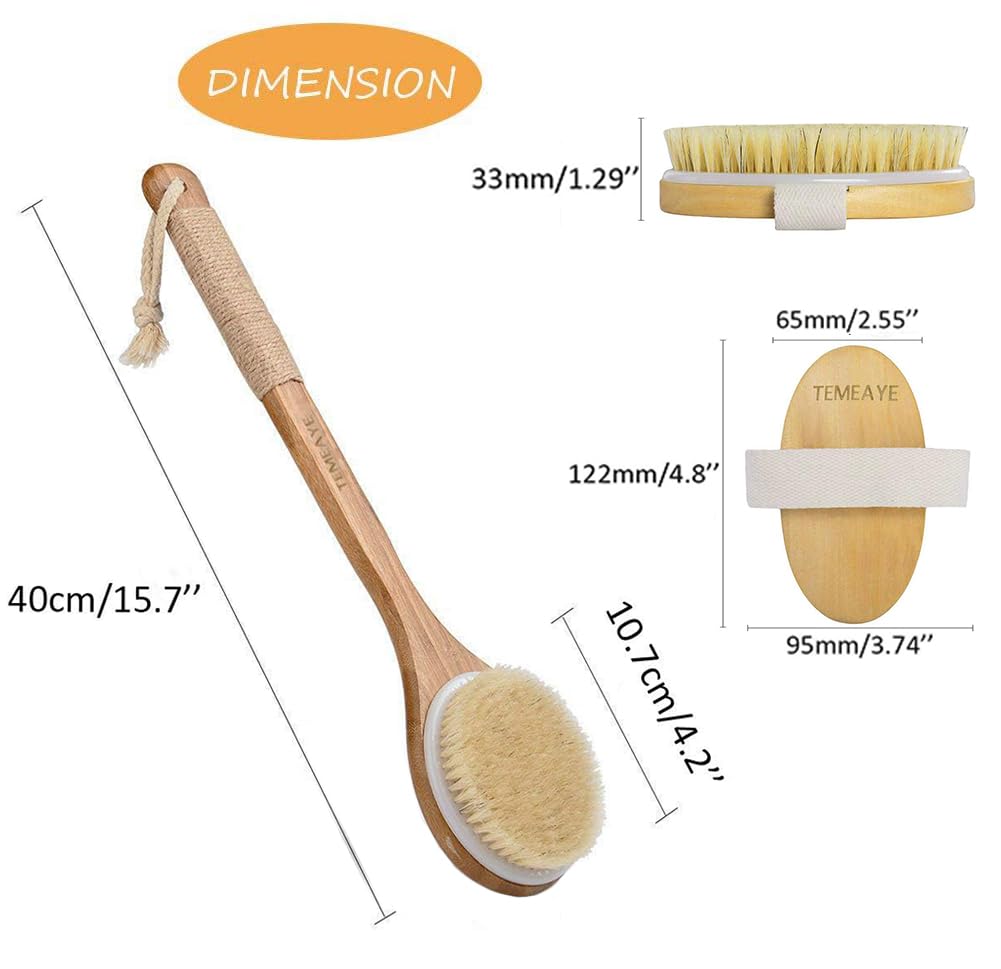 TEMEAYE Dry Brushing Body Brush Sets Wooden Handle Combined with Medium Strength Natural Bristles Gentle Exfoliator Remove Cellulite Lymphatic Drainage Makes The Skin of The Entire Body Softer