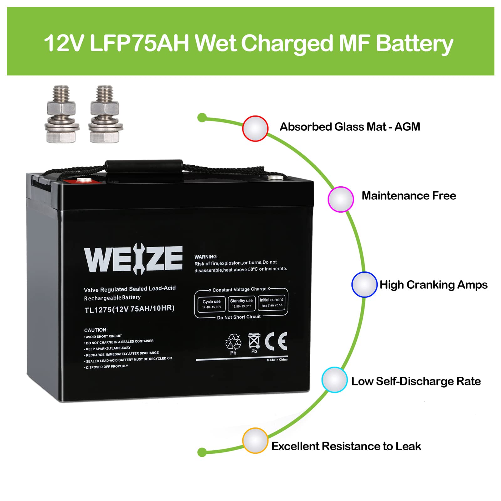 WEIZE 12V 75AH Deep Cycle Battery for Wayne ESP25 WSS30V Backup Sump Pump, Trolling Motor, Solar System, Mobility Wheelchair, General Use