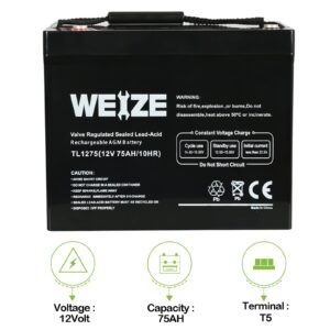 WEIZE 12V 75AH Deep Cycle Battery for Wayne ESP25 WSS30V Backup Sump Pump, Trolling Motor, Solar System, Mobility Wheelchair, General Use