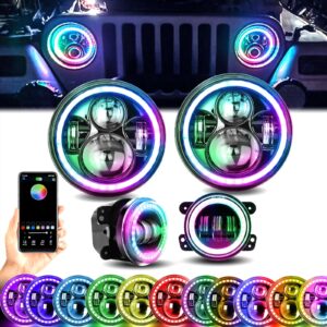 yeego direct 7 inch led headlight rgb halo for jeep wrangler headlights & 4 inch rgb fog lights, dot approved, bluetooth app control custom colors, compatible with wrangler 1997-2018 jku jk tj lj