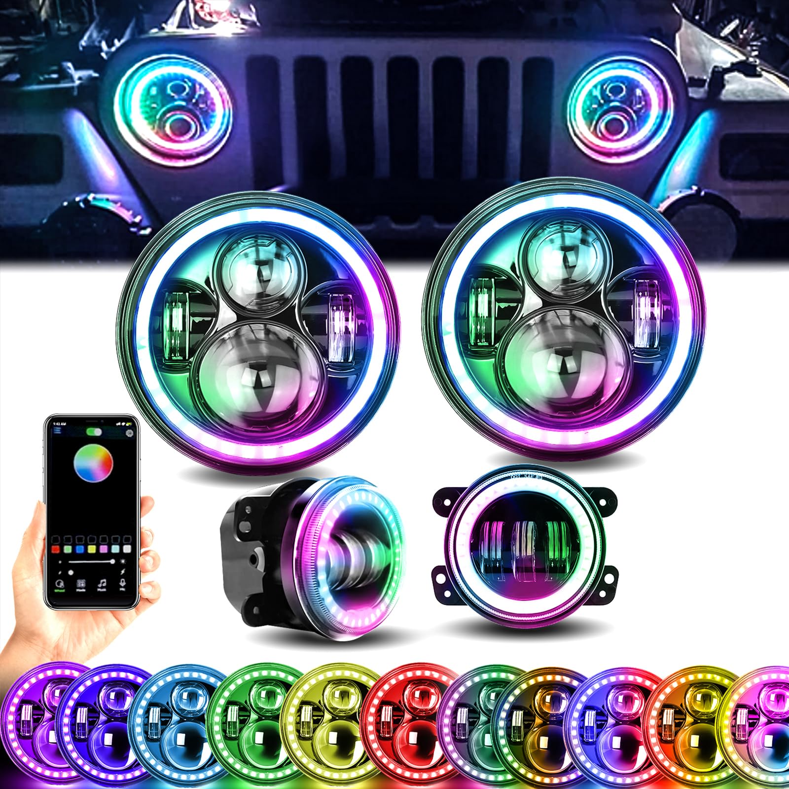 YEEGO DIRECT 7 Inch LED Headlight RGB Halo For Jeep Wrangler Headlights & 4 Inch RGB Fog Lights, DOT Approved, Bluetooth APP Control Custom Colors, Compatible with Wrangler 1997-2018 JKU JK TJ LJ