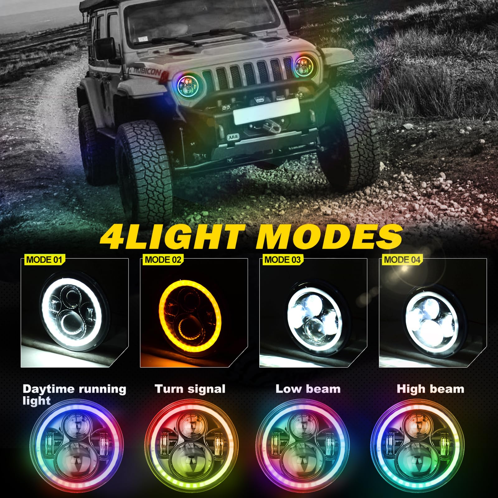 YEEGO DIRECT 7 Inch LED Headlight RGB Halo For Jeep Wrangler Headlights & 4 Inch RGB Fog Lights, DOT Approved, Bluetooth APP Control Custom Colors, Compatible with Wrangler 1997-2018 JKU JK TJ LJ