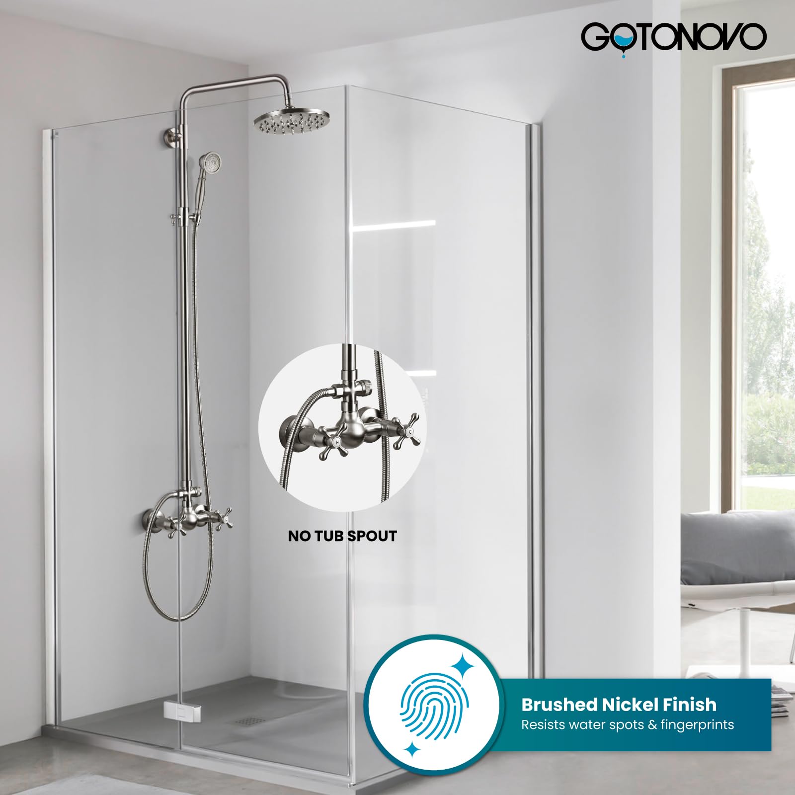 gotonovo Shower Faucet Sets 8 Inch Rain Shower Head 2 Cross Knobs Mixer Shower System with Handheld Shower Spray Brushed Nickel Finish Silver