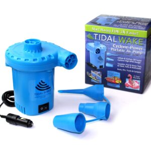 tidal wake 12v dc air pump for inflatables, inflates & deflates 3 times faster on boat towables, pool & water toys, air beds, rafts, 1,000 liters of air per minute! 10 foot cord