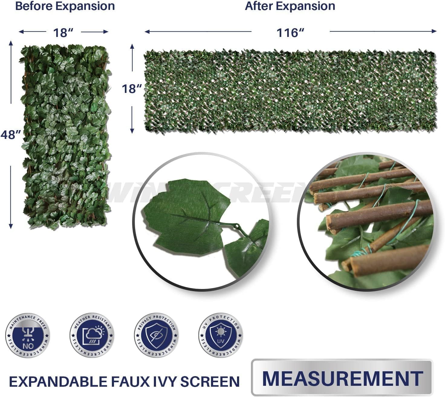 Artificial Expandable Ivy Leaf Faux Leaves Privacy Fence Screen for Outdoor Indoor Backyard Patio Balcony (Single Sided Leaves, 2 Packs)