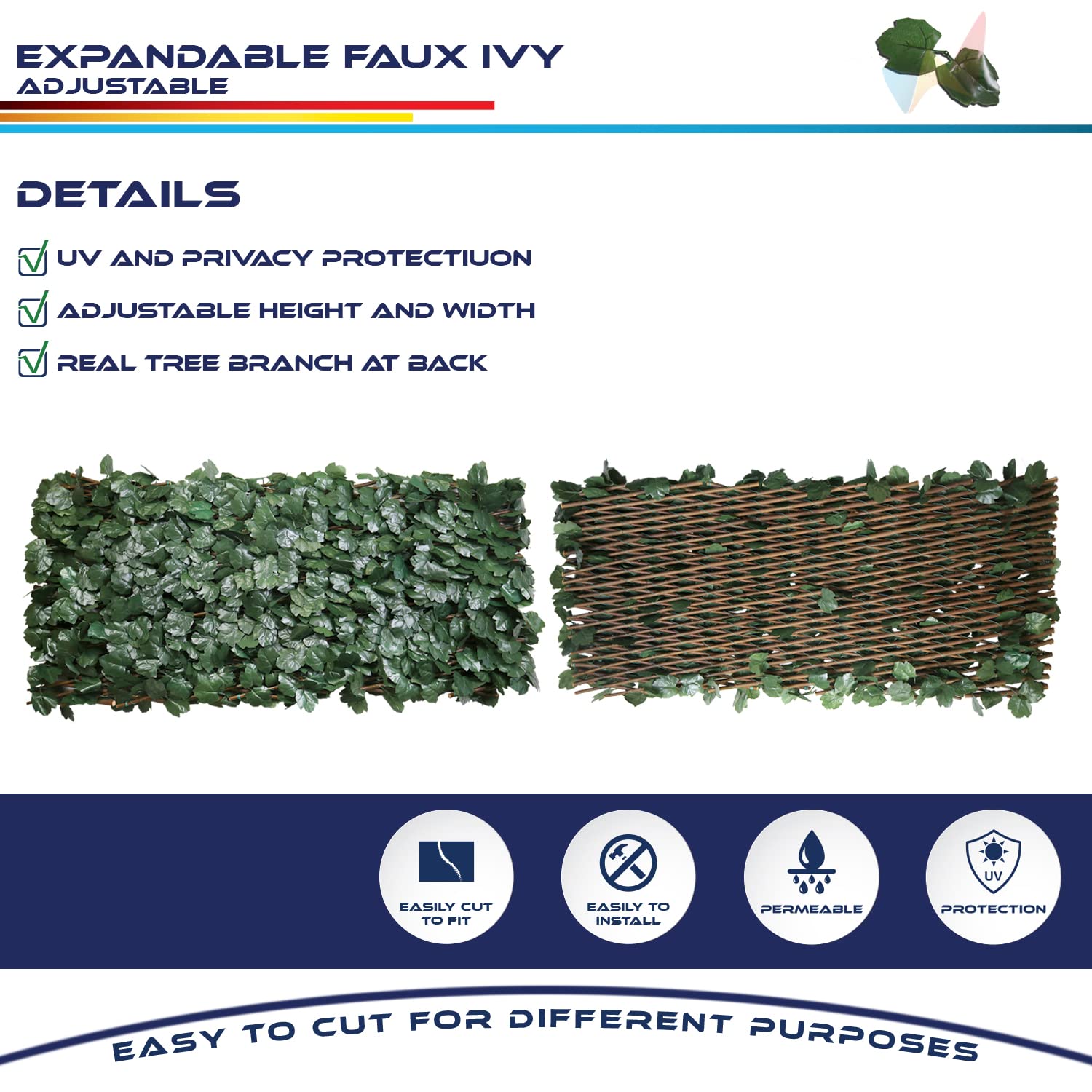 Artificial Expandable Ivy Leaf Faux Leaves Privacy Fence Screen for Outdoor Indoor Backyard Patio Balcony (Single Sided Leaves, 2 Packs)