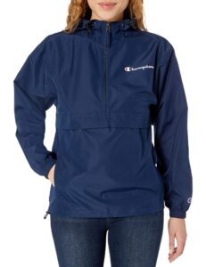 champion windbreaker, packable, wind and water-resistant jacket for women, athletic navy small script, large