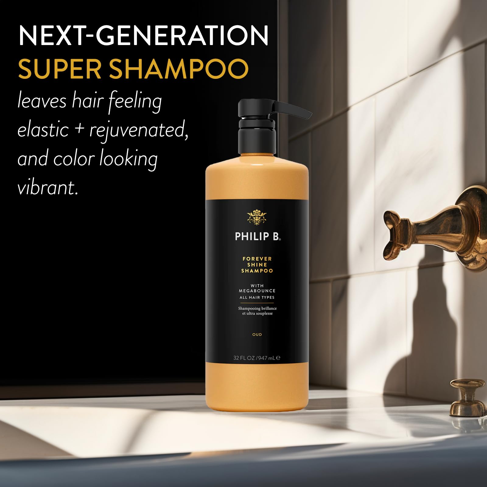 PHILIP B. Forever Shine with Megabounce Shampoo 32 oz - Volumizing Cleanser With Notes of Pure Oud Leaves Hair Smooth & Glossy, Reduces Frizz, For All Hair Types