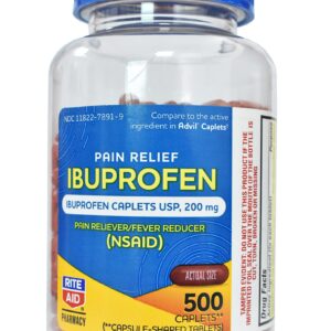 Rite Aid Pharmacy Ibuprofen 200 mg - 500 Coated Brown Caplets - Pain Reliever and Fever Reducer - Migraine Relief - Back Pain Relief - Arthritis Pain Relief Pills - Pain Killer