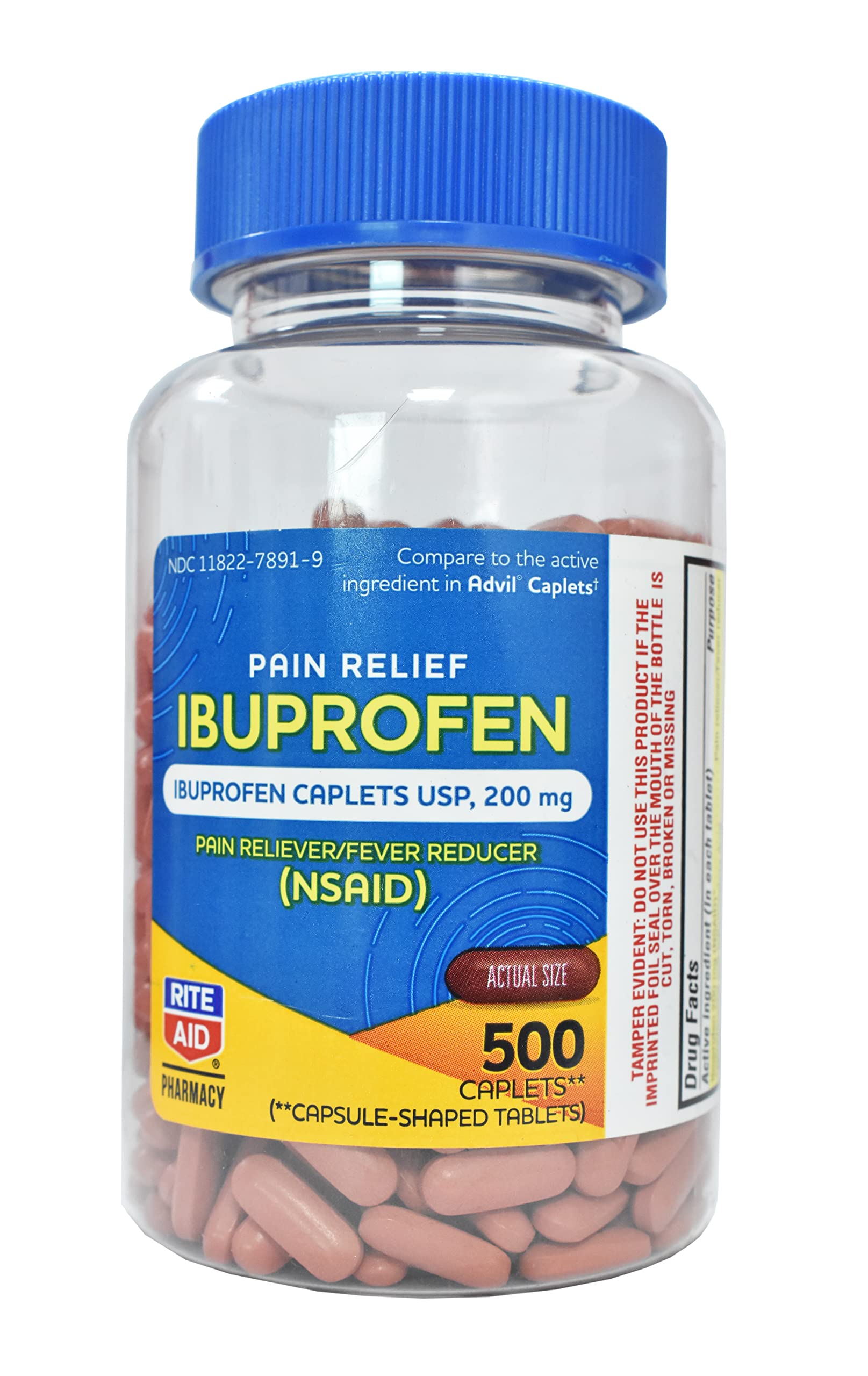 Rite Aid Pharmacy Ibuprofen 200 mg - 500 Coated Brown Caplets - Pain Reliever and Fever Reducer - Migraine Relief - Back Pain Relief - Arthritis Pain Relief Pills - Pain Killer