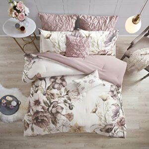 madison park cassandra cotton blend comforter set - feminine design colorful floral print, all season down alternative bedding layer and matching shams, queen, blush 8 piece