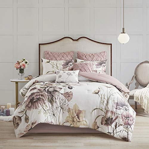 Madison Park Cassandra Cotton Blend Comforter Set - Feminine Design Colorful Floral Print, All Season Down Alternative Bedding Layer And Matching Shams, Queen, Blush 8 Piece