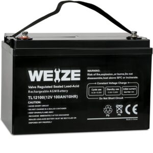 weize deep cycle agm 12 volt 100ah battery, maintenance-free, 3% self-discharge rate, 1150a max discharge current, perfect for rv, solar, trolling motor, wind, marine, camping and off-grid system