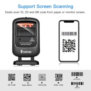 Eyoyo 1D 2D Desktop Barcode Scanner, Omnidirectional Hands-Free USB Wired Barcode Reader, Capture Barcodes from Mobile Phone Screen, Automatic Image Sensing for Supermarket Library Retail Store