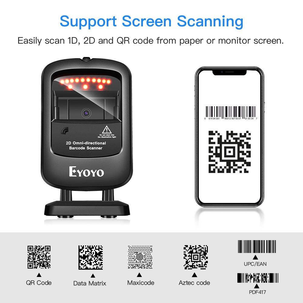 Eyoyo 1D 2D Desktop Barcode Scanner, Omnidirectional Hands-Free USB Wired Barcode Reader, Capture Barcodes from Mobile Phone Screen, Automatic Image Sensing for Supermarket Library Retail Store