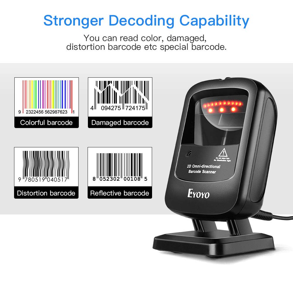 Eyoyo 1D 2D Desktop Barcode Scanner, Omnidirectional Hands-Free USB Wired Barcode Reader, Capture Barcodes from Mobile Phone Screen, Automatic Image Sensing for Supermarket Library Retail Store