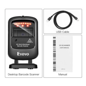 Eyoyo 1D 2D Desktop Barcode Scanner, Omnidirectional Hands-Free USB Wired Barcode Reader, Capture Barcodes from Mobile Phone Screen, Automatic Image Sensing for Supermarket Library Retail Store