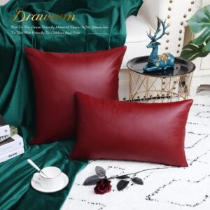 BRAWARM Faux Leather Throw Pillow Covers 20 X 20 Inches - Deep Red Leather Pilow Covers Pack of 2, Solid Dyed Leather Pillowcases for Couch Bed Sofa Garden Home Decorative