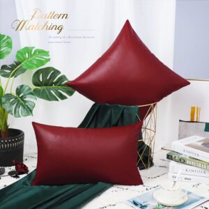 BRAWARM Faux Leather Throw Pillow Covers 20 X 20 Inches - Deep Red Leather Pilow Covers Pack of 2, Solid Dyed Leather Pillowcases for Couch Bed Sofa Garden Home Decorative