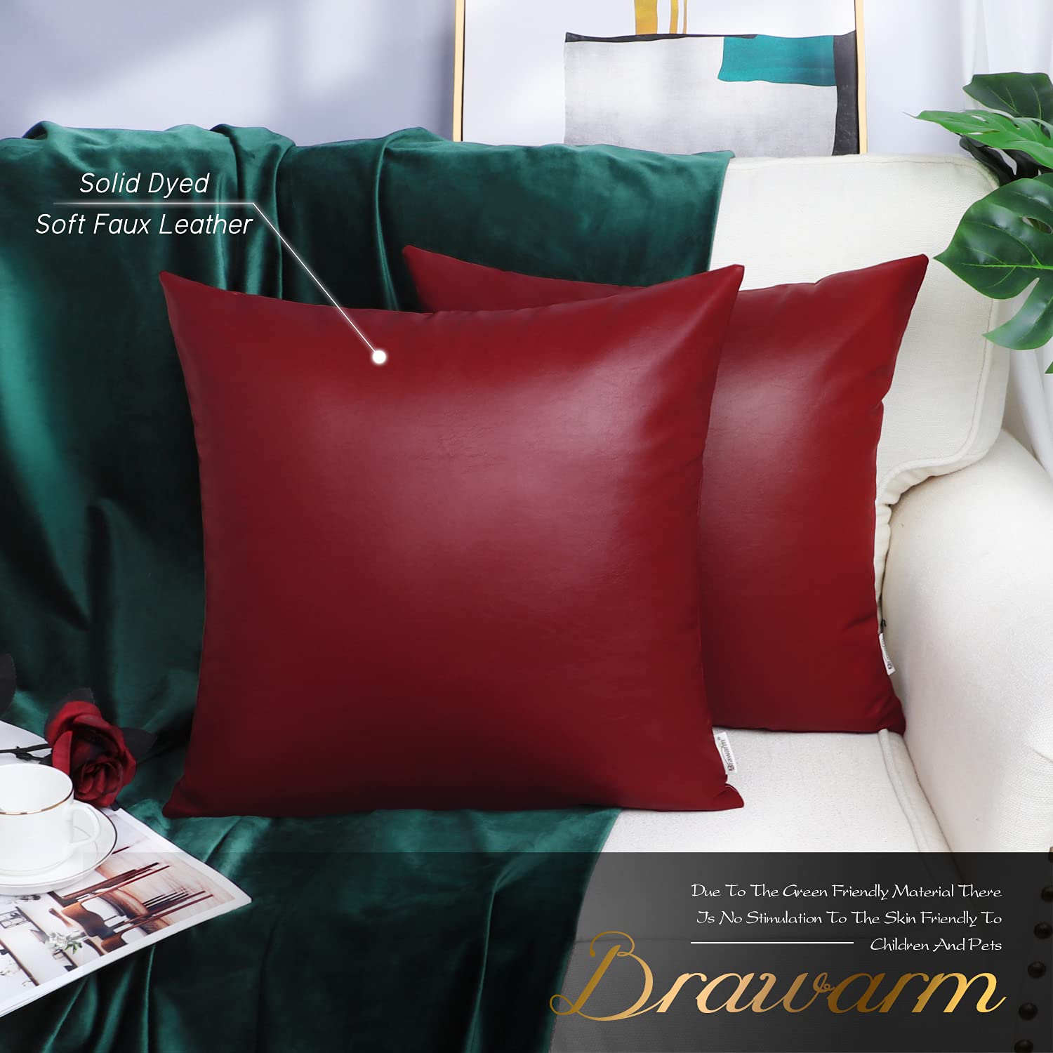 BRAWARM Faux Leather Throw Pillow Covers 20 X 20 Inches - Deep Red Leather Pilow Covers Pack of 2, Solid Dyed Leather Pillowcases for Couch Bed Sofa Garden Home Decorative