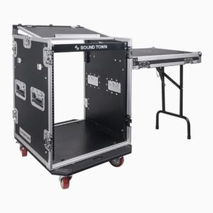 sound town 14u pa dj rack/road ata case with 11u slant mixer top, 20’’ rackable depth, dj work table and casters, 14 space size, pro tour grade (stmr-14uwt)